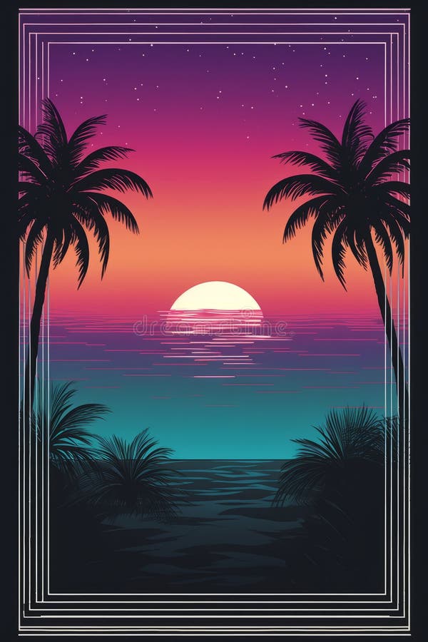 A Poster with Palm Trees and a Sunset Stock Illustration - Illustration ...