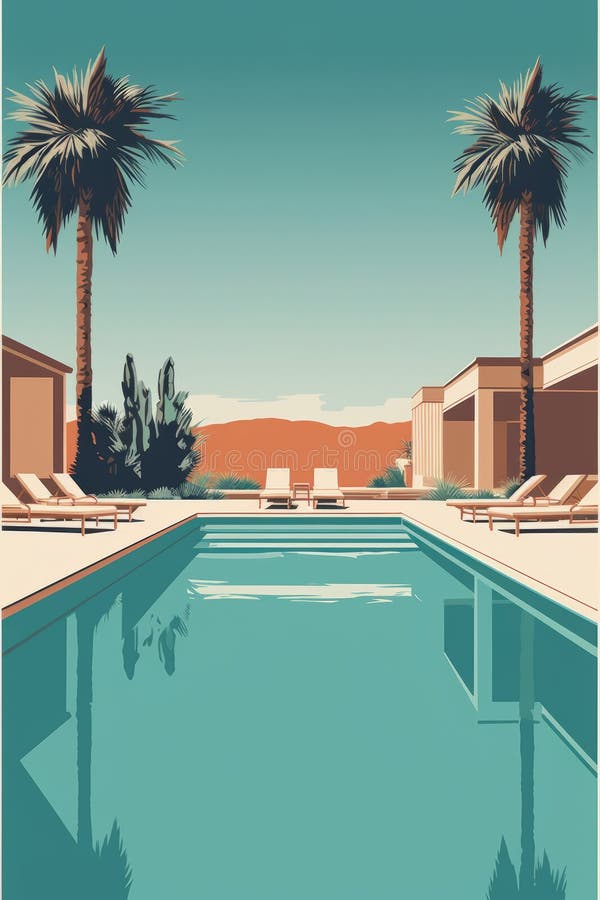 A Poster of a Pool and Palm Trees in the Desert Stock Image - Image of ...