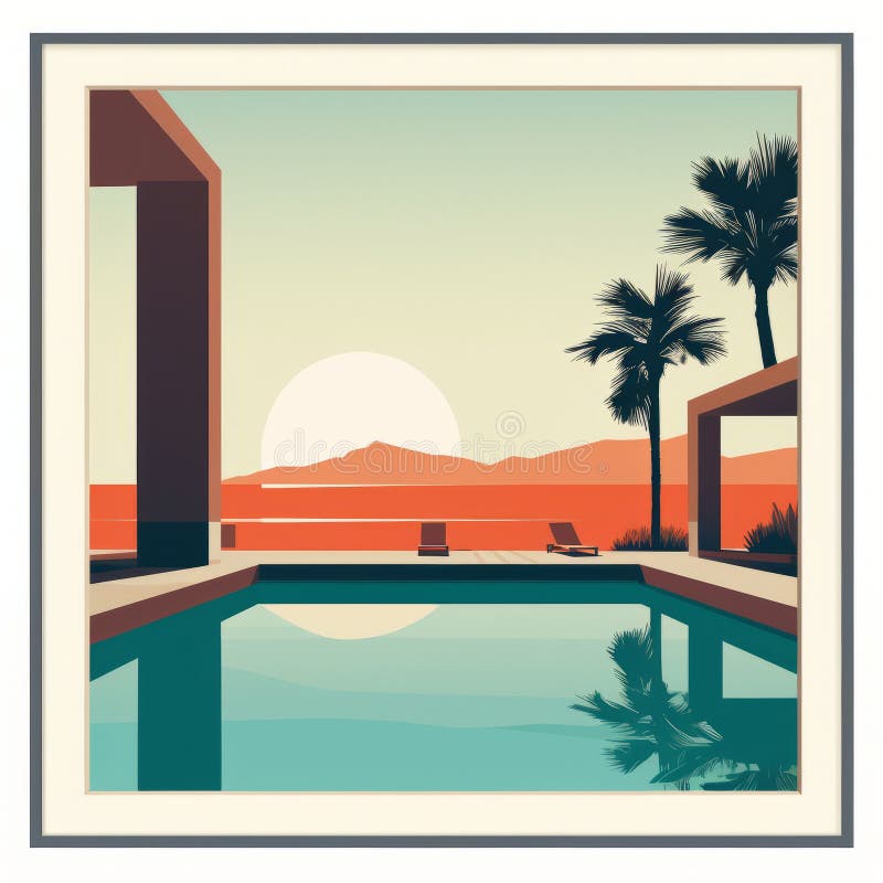 A Poster of a Pool and Palm Trees at Sunset Stock Image - Image of ...