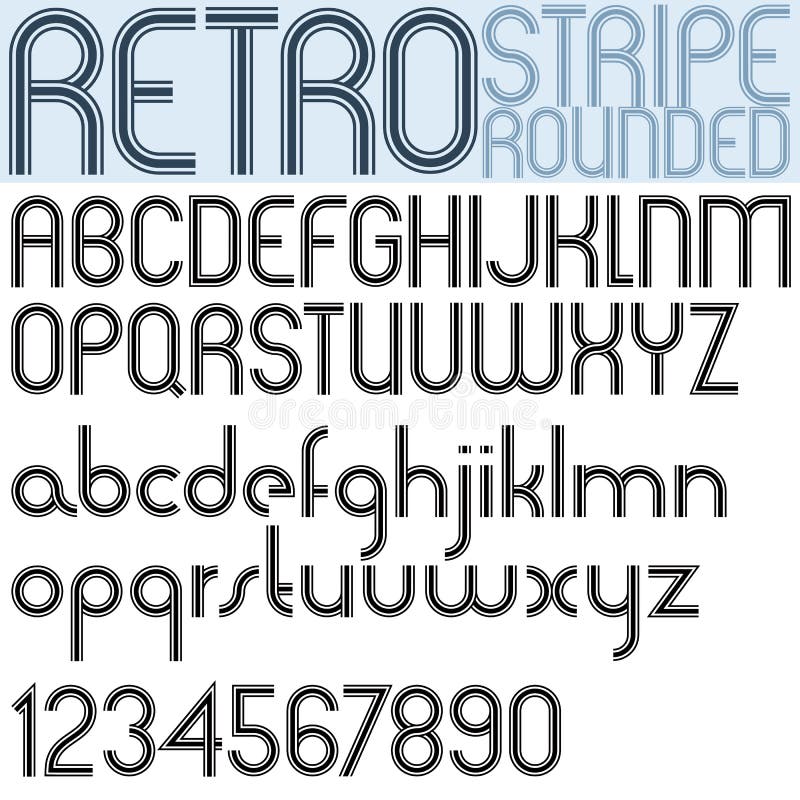 Retro Striped Black and White Font and Numbers with Outline, Bold ...