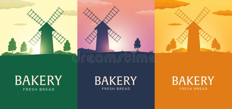 Poster Rural Landscape with Windmill. Sunrise. Bakery. Fresh Bread ...