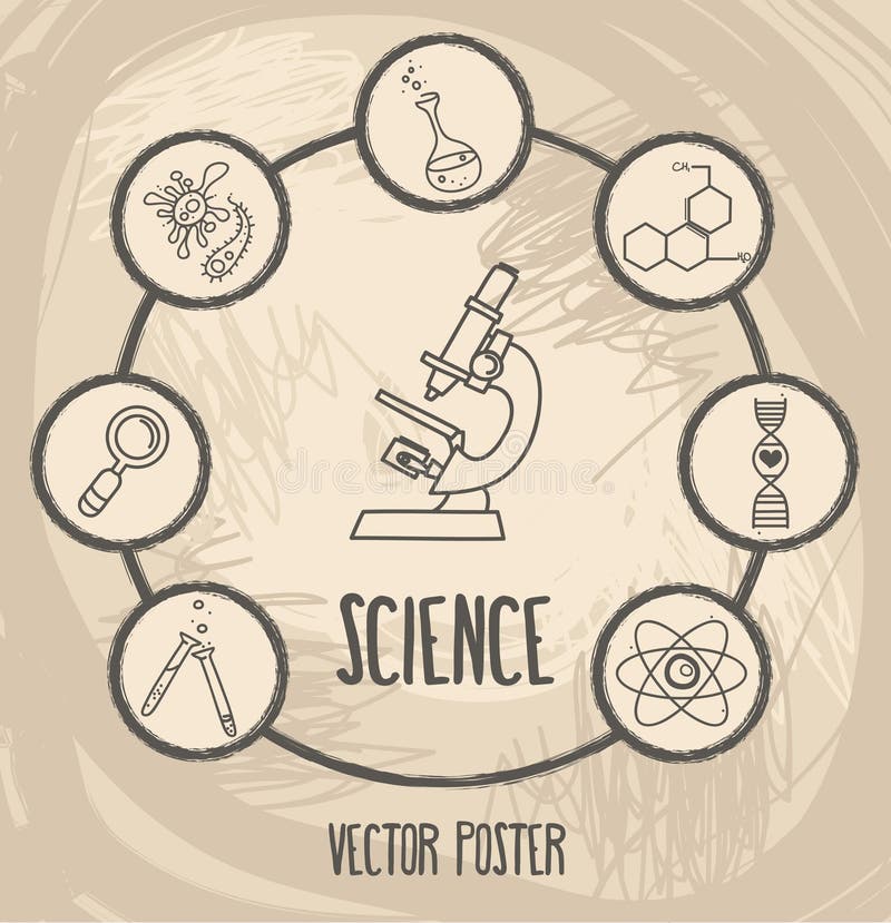 Poster with Science Icons in Hand Drawn Cartoon Style Stock Vector ...