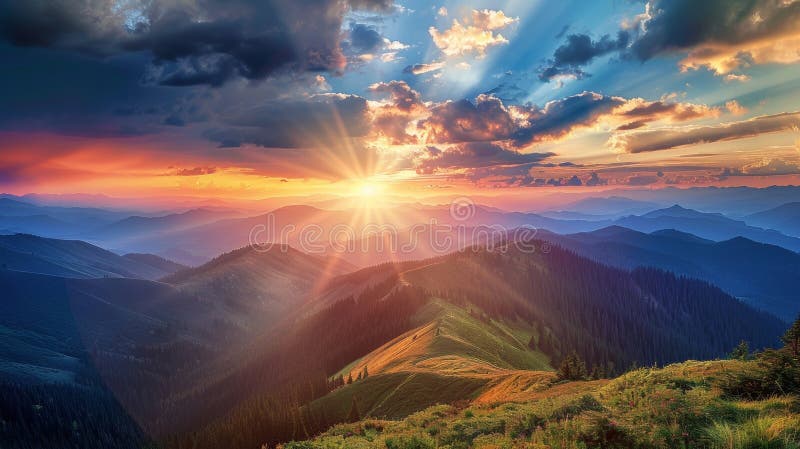 Poster Showcasing a Beautiful Sunset Over a Mountain Range with the ... Poster Showcasing a Beautiful Sunset Over a Mountain Range with the ...