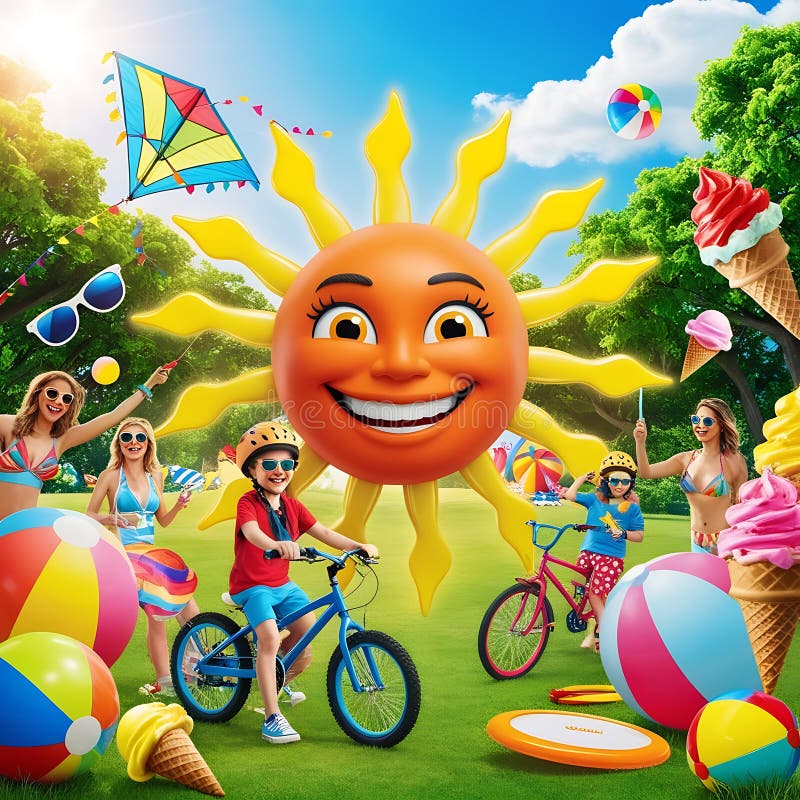 A Poster of a Sun with a Sun and Children Riding Bikes. Stock ...