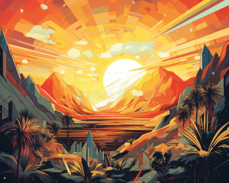A Poster with the Sun Rising Over Mountains and Palm Trees Stock ...
