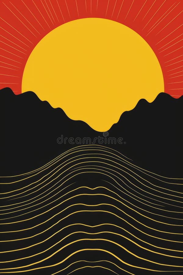 A Poster with the Sun Rising Over Mountains and Water Stock ...