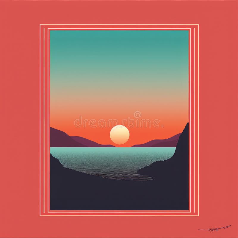 A Poster of the Sun Setting Over the Ocean Stock Illustration ...