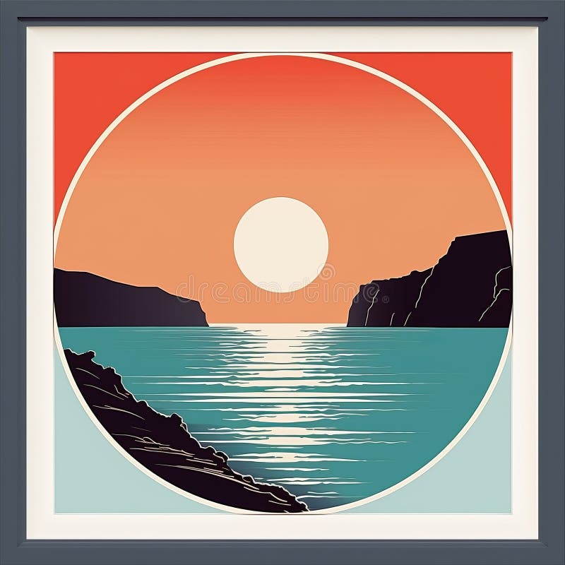 A Poster of the Sun Setting Over the Ocean Stock Illustration ...