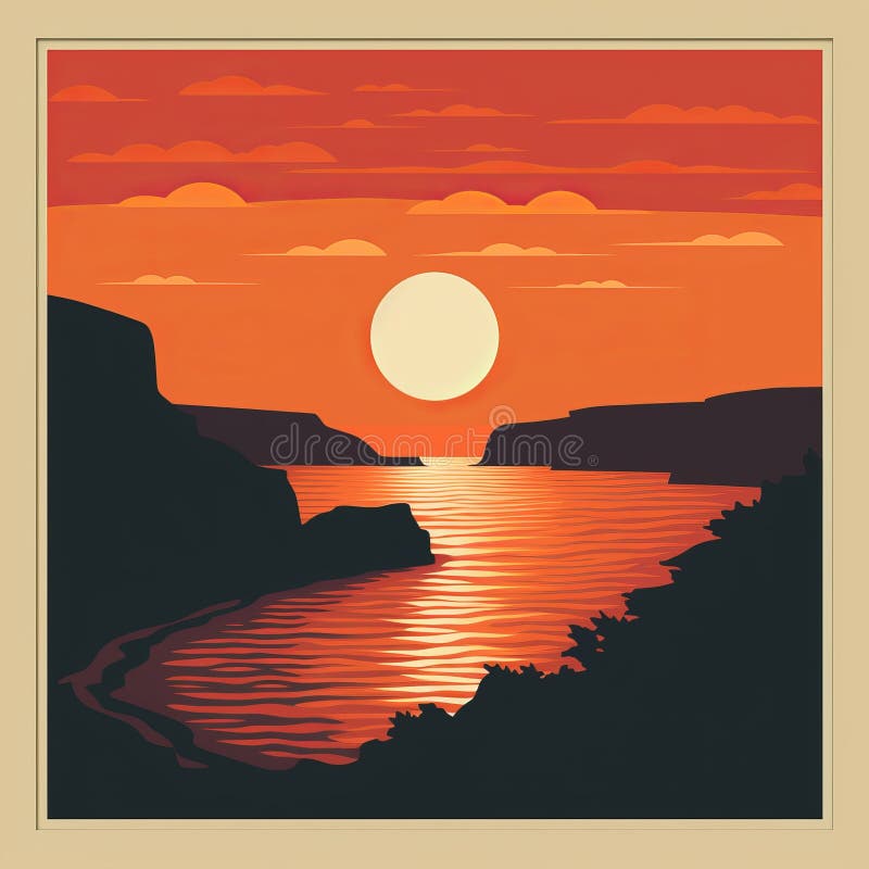 A Poster of the Sun Setting Over the Water Stock Illustration ...