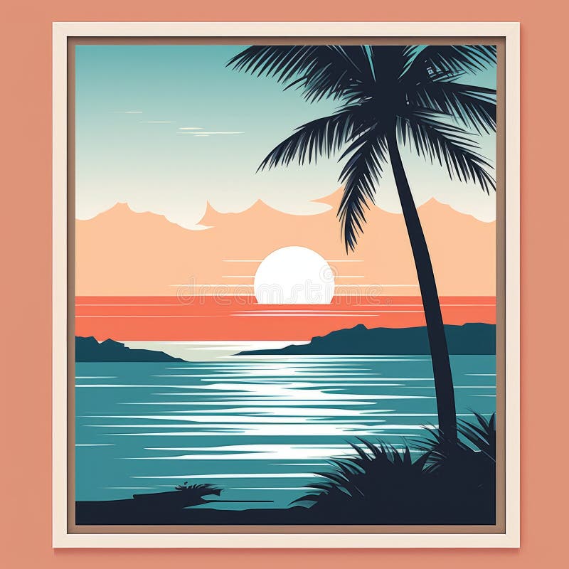 A Poster with a Sunset and Palm Trees Stock Illustration - Illustration ...