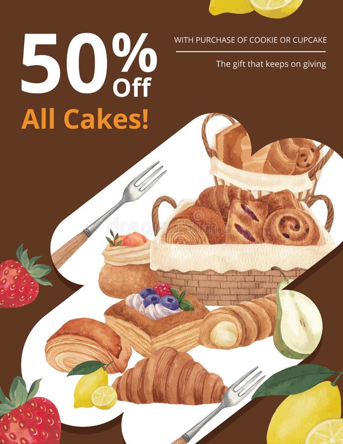 Poster Template with Pastry Day Concept, Watercolor Style Stock ...