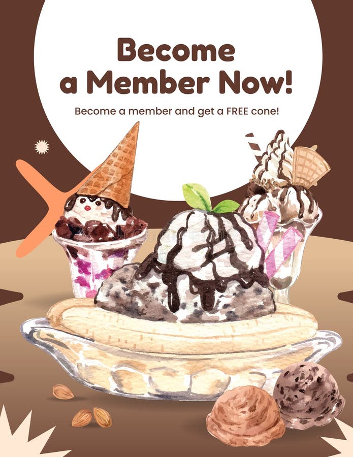 Poster Template with Sundae Ice Cream Concept, Watercolor Style Stock ...