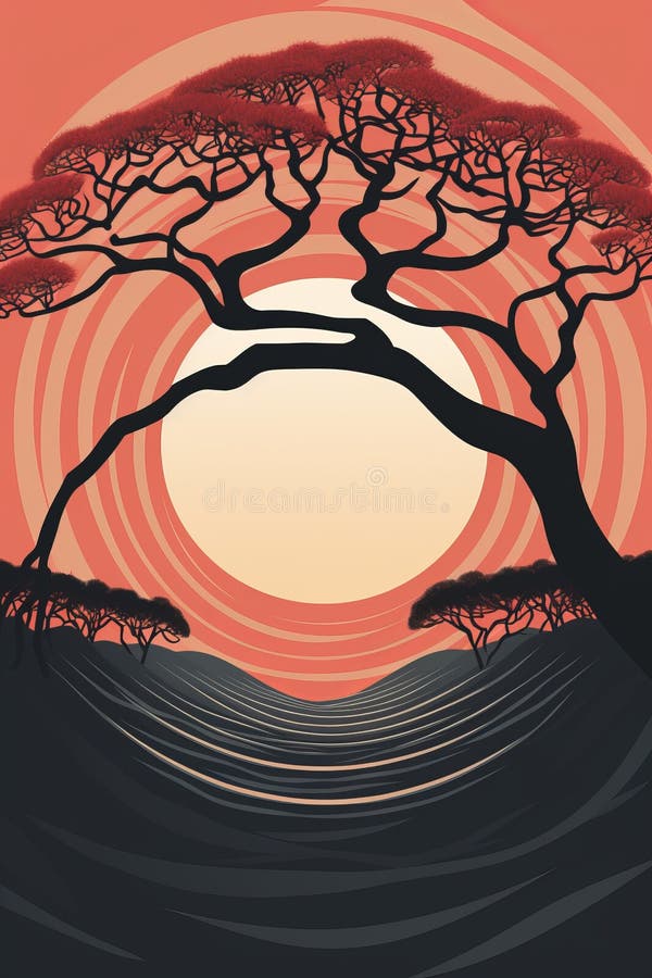 A Poster with a Tree in Front of a Sunset Stock Illustration ...