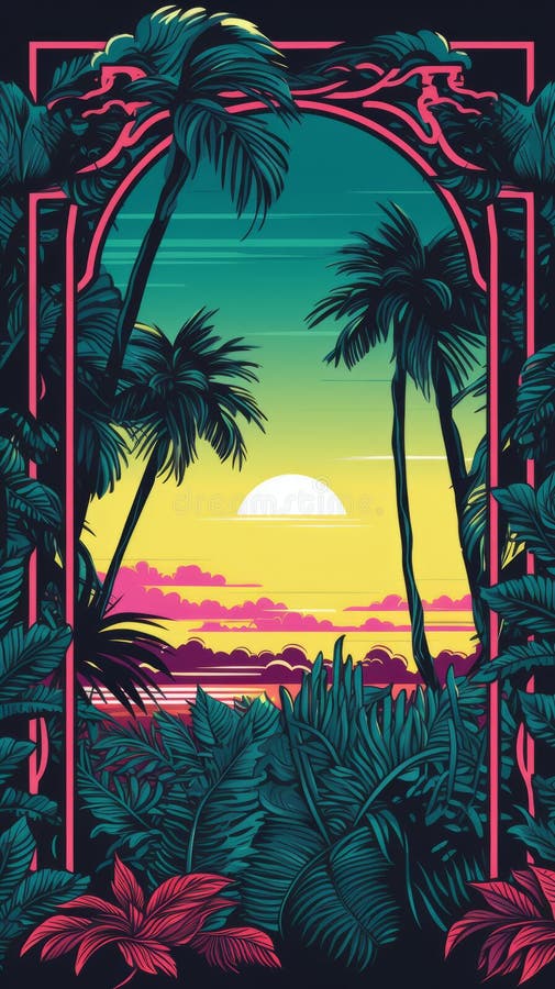 A Poster with a Tropical Sunset and Palm Trees Stock Illustration ...