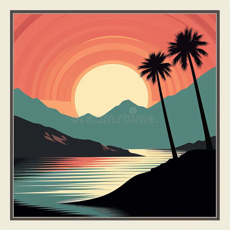 A Poster with Two Palm Trees in Front of a Lake and Mountains Stock ...