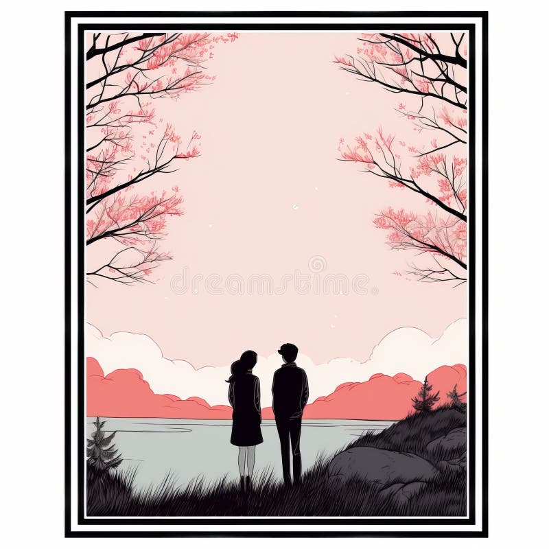 A Poster of Two People Standing in Front of a Lake Stock Illustration ...