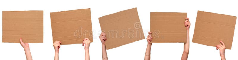 Posters of Cardboard in His Hands. Isolated on White. Set Stock Image ...