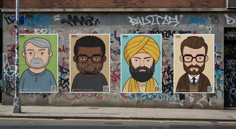 Posters on Wall Featuring Cartoon Faces of Diverse People Stock ...