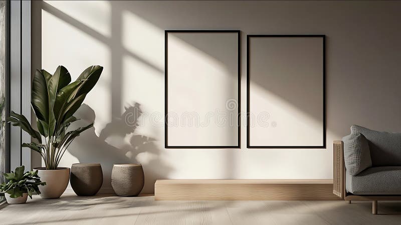 2 Posters on a Wall and a Front Big Tv Screen Minimalist Light Stock ...