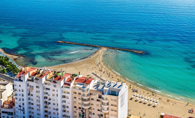Postiguet Beach in Alicante, Spain Stock Photo - Image of building ...