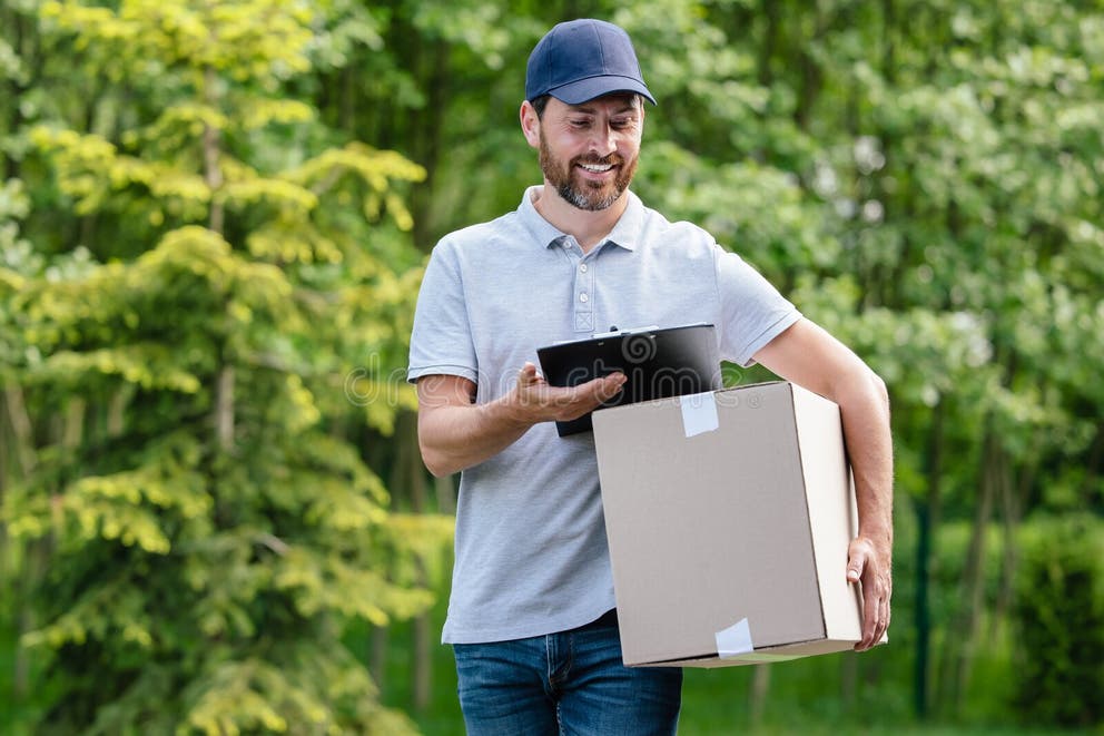 Postman Carrying Package and Documents Outdoors. Stock Photo - Image of ...