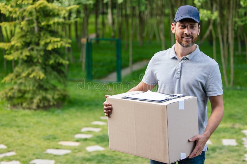 Postman Carrying Package and Documents Outdoors. Stock Image - Image of ...