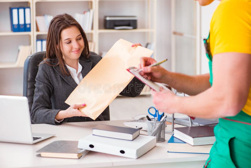 The Postman Delivering Parcel To the Office Stock Photo - Image of ...