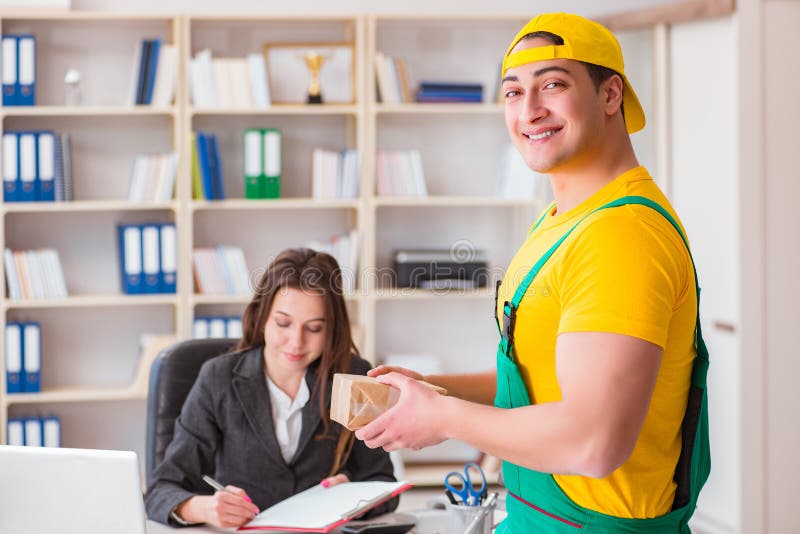 The Postman Delivering Parcel To the Office Stock Image - Image of ...