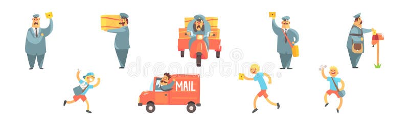 Postman Funny Character Delivering Post and Letters Vector Set Stock ...