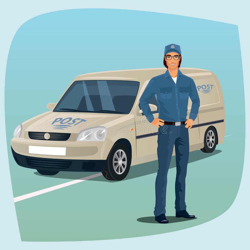 Postman or Mail Carrier with Postal Car Stock Vector - Illustration of ...