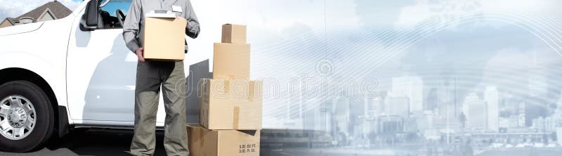 Postman with parcel box. stock photo. Image of postal - 100974074