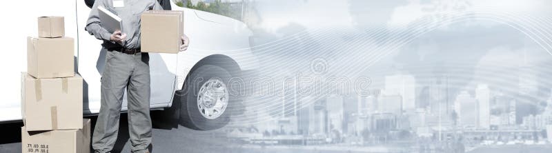 Postman with parcel box. stock image. Image of goods - 142902017