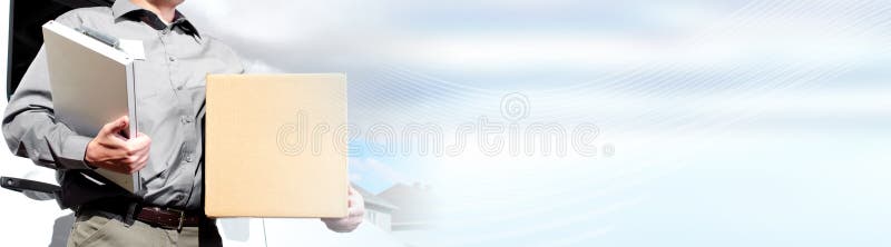 Postman with parcel box. stock photo. Image of loading - 93295570