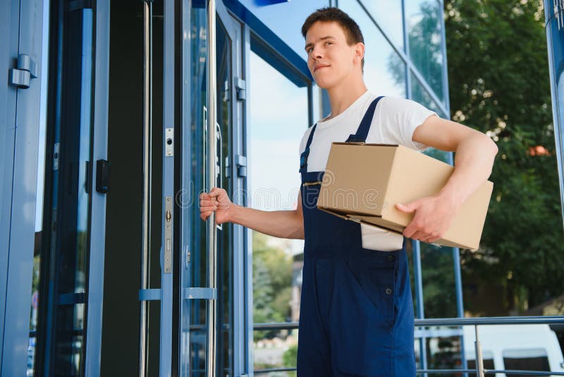 Postman with Parcel Box. Postal Delivery Service Stock Image - Image of ...