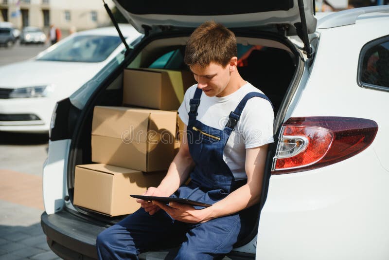 Postman with Parcel Box. Postal Delivery Service Stock Photo - Image of ...