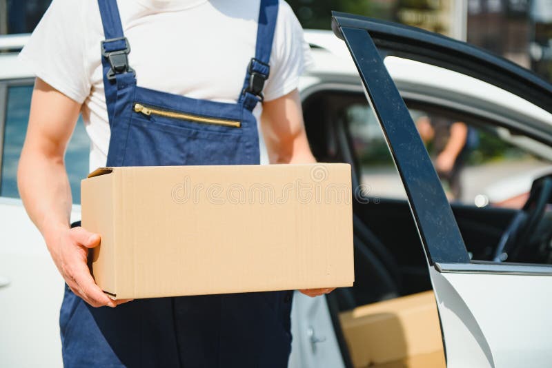 Postman with Parcel Box. Postal Delivery Service Stock Image - Image of ...