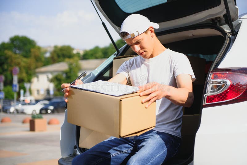 Postman with Parcel Box. Postal Delivery Service Stock Image - Image of ...