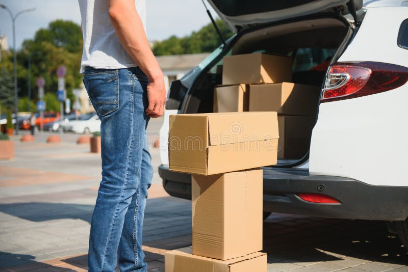 Postman with Parcel Box. Postal Delivery Service Stock Image - Image of ...