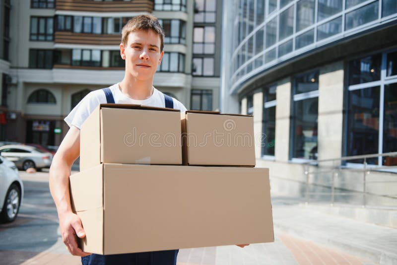 Postman with Parcel Box. Postal Delivery Service Stock Photo - Image of ...