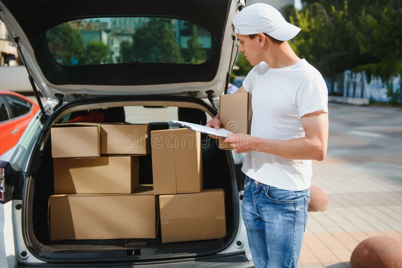 Postman with Parcel Box. Postal Delivery Service Stock Image - Image of ...