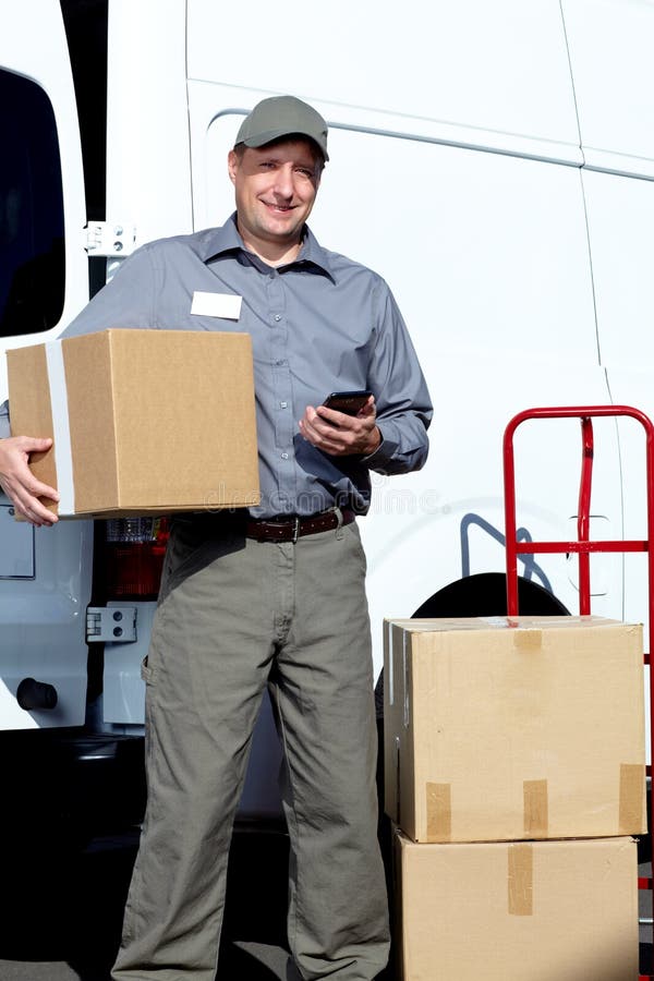 Postman with parcel box. stock image. Image of male - 100974747
