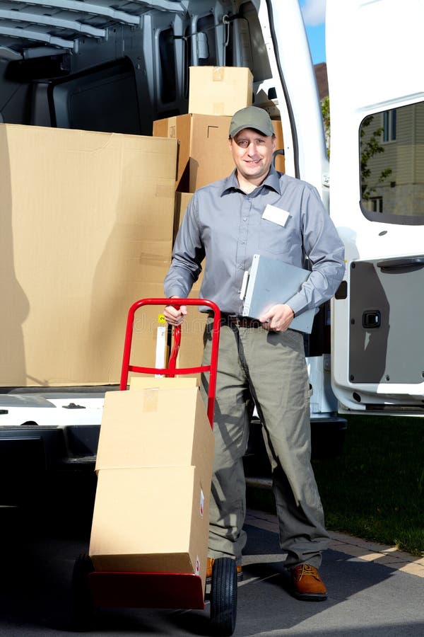 Postman with parcel box. stock photo. Image of commitment - 89838442