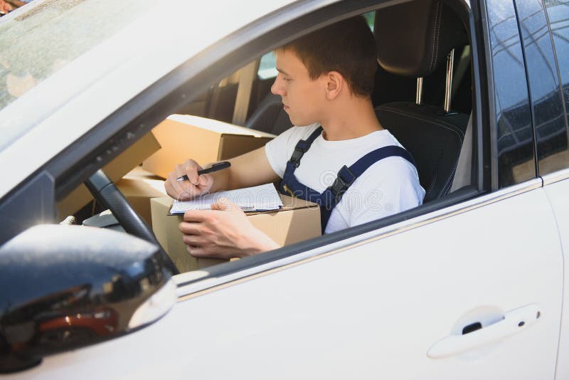 Postman with Parcel Box. Postal Delivery Service Stock Image - Image of ...