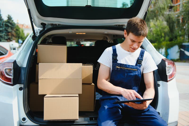 Postman with Parcel Box. Postal Delivery Service Stock Photo - Image of ...