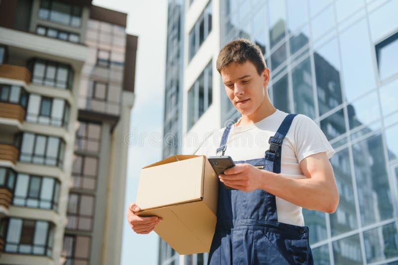 Postman with Parcel Box. Postal Delivery Service Stock Photo - Image of ...