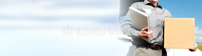 Postman with parcel box. stock image. Image of male - 100974747