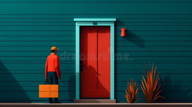 A Postman in a Red Jacket Holds a Package and Stands in Front of a Teal ...