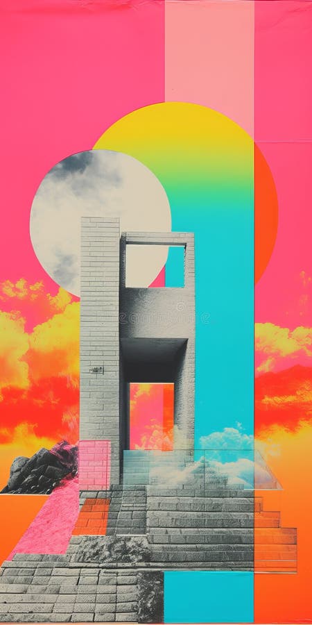 Postmodern Collage: a Rainbow Tower of Industrial Brutalism Stock ...