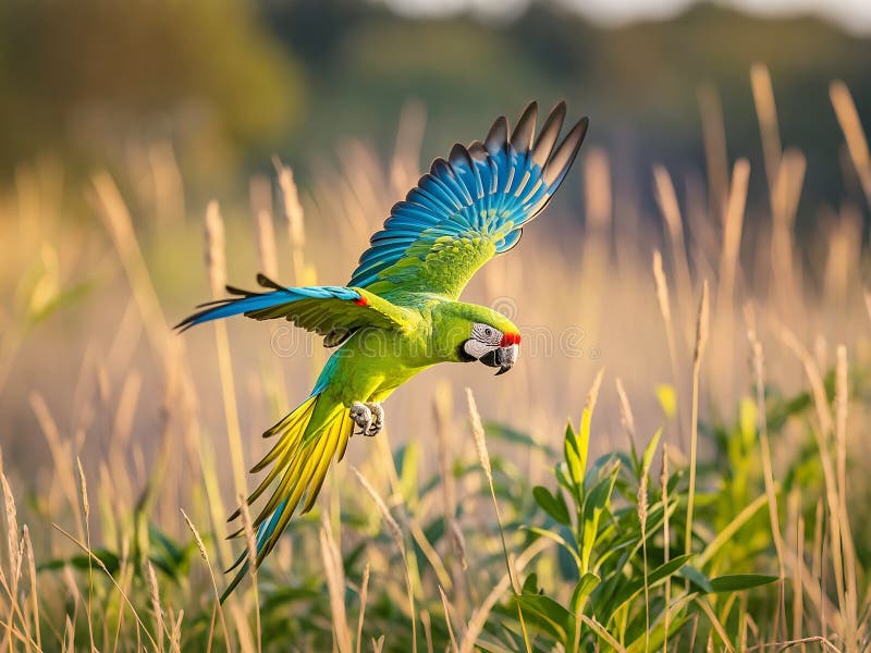 The Posture of a Colorful Parrot Flying Over the Grass. Stock ...