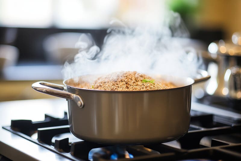 Pot of Boiling Brown Rice on Stove Top Stock Photo - Image of ...